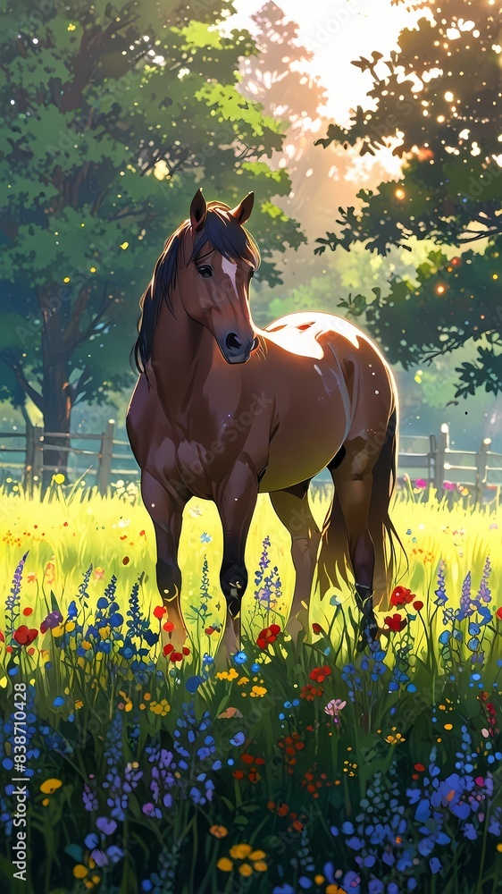 Horse in landscape grassfield Anime style illustration, flat anime ...
