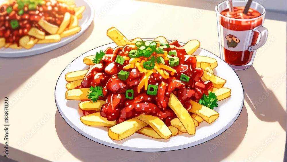 Veggie chili cheese fries Anime style illustration, flat anime ...