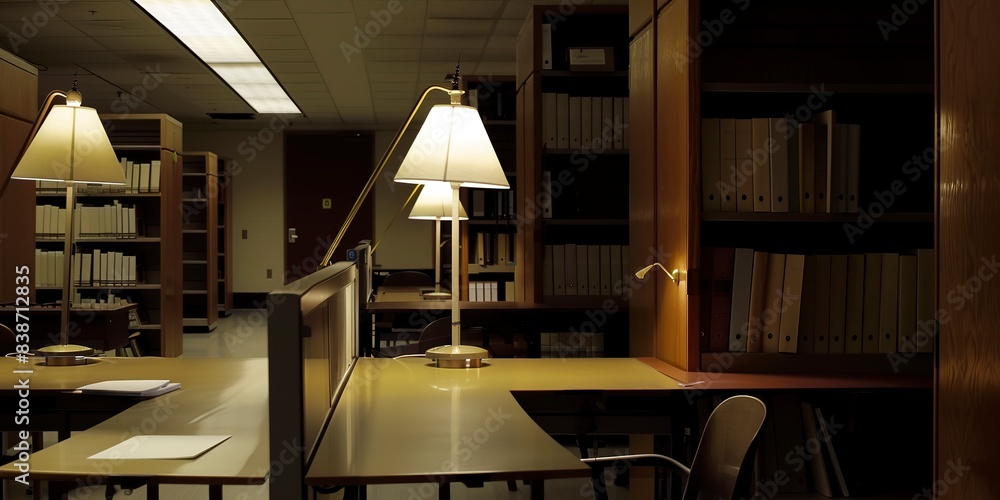 Research library cubicles, archival materials, focused task lamps ...