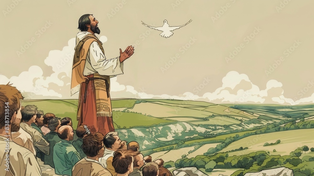 Saint David Preaching to Crowd, Hilltop Scene, Holy Spirit Dove ...