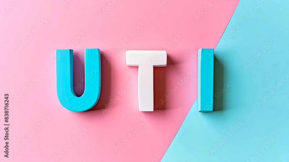 Colorful wooden letters spelling "UTI" on a pink and blue background ...