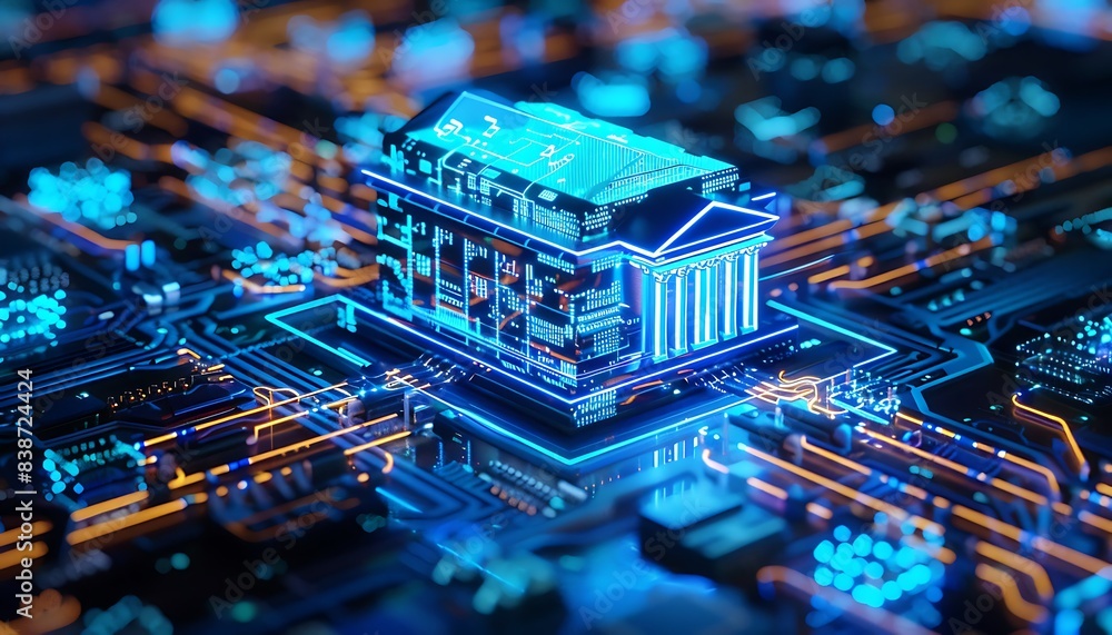 High-resolution photo of a holographic bank building on a futuristic ...