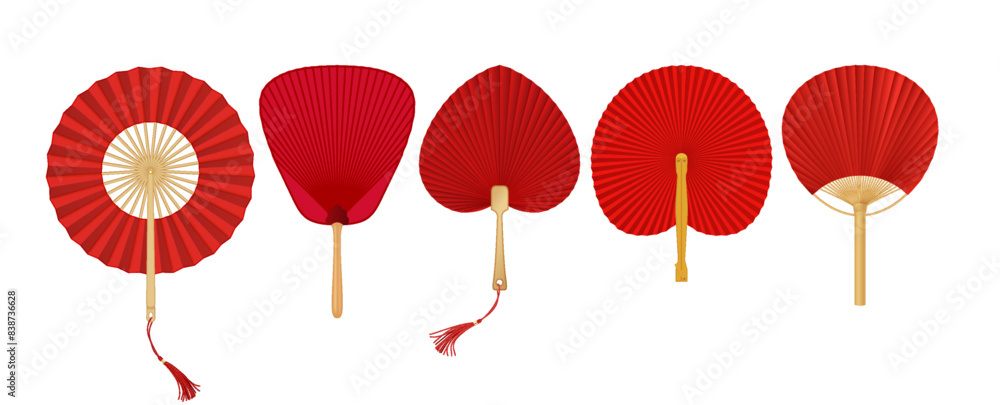 Red Chinese hand fans realistic vector illustration set. Elegant ...
