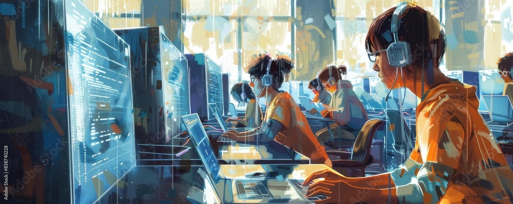Engaging image of students in a computer lab, learning to code and use ...