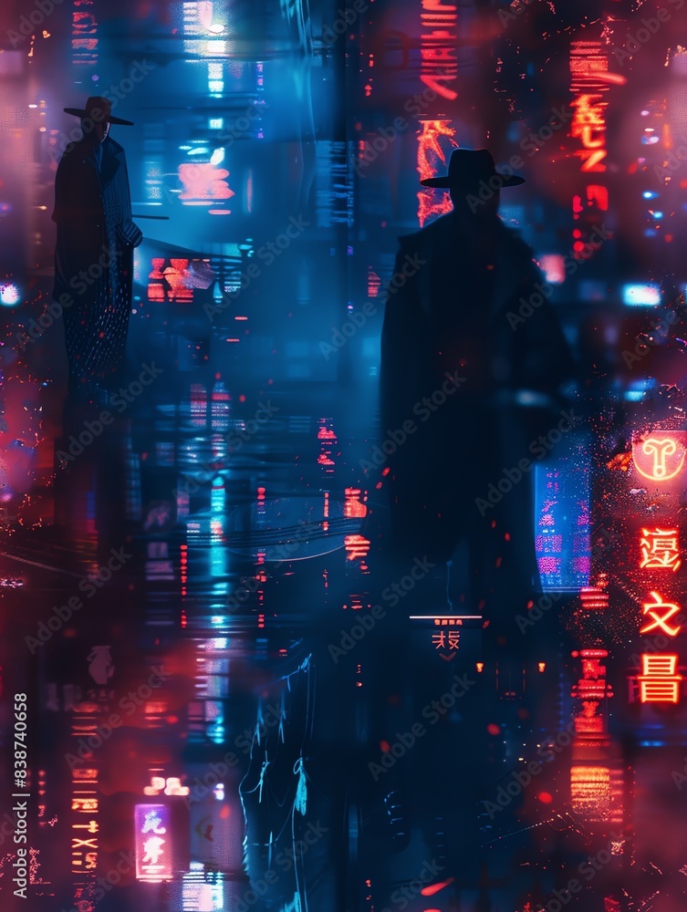 7 Detective silhouette, foggy street, neon signs, crime fiction vibe ...