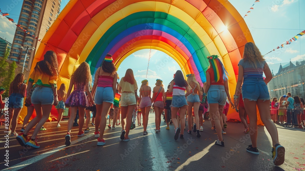 Women Marching Under Rainbow Arch. Group of women march under a giant ...