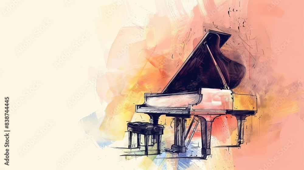 Eye-level angle, hand drawn, simple sketch of a grand piano ...