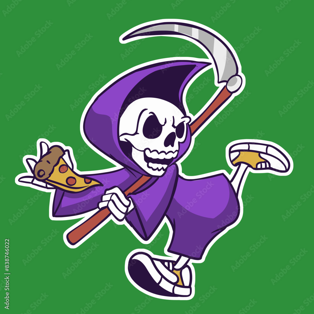 Cute grim reaper running holding a slice of pizza cartoon vector ...