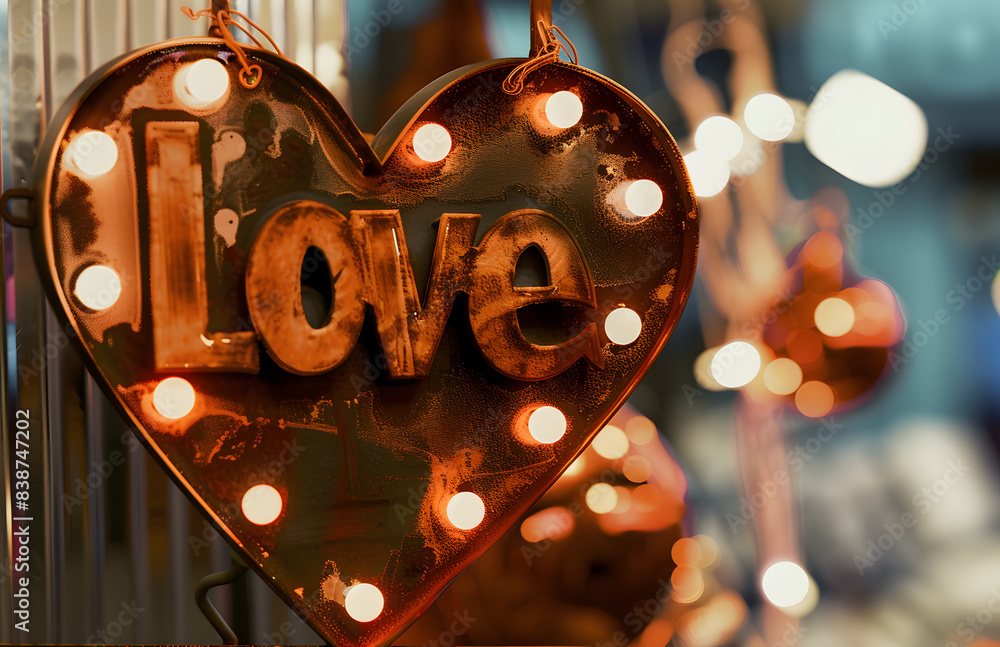 Illuminated Love Sign in Heart Shape with Metallic Texture Stock Photo ...