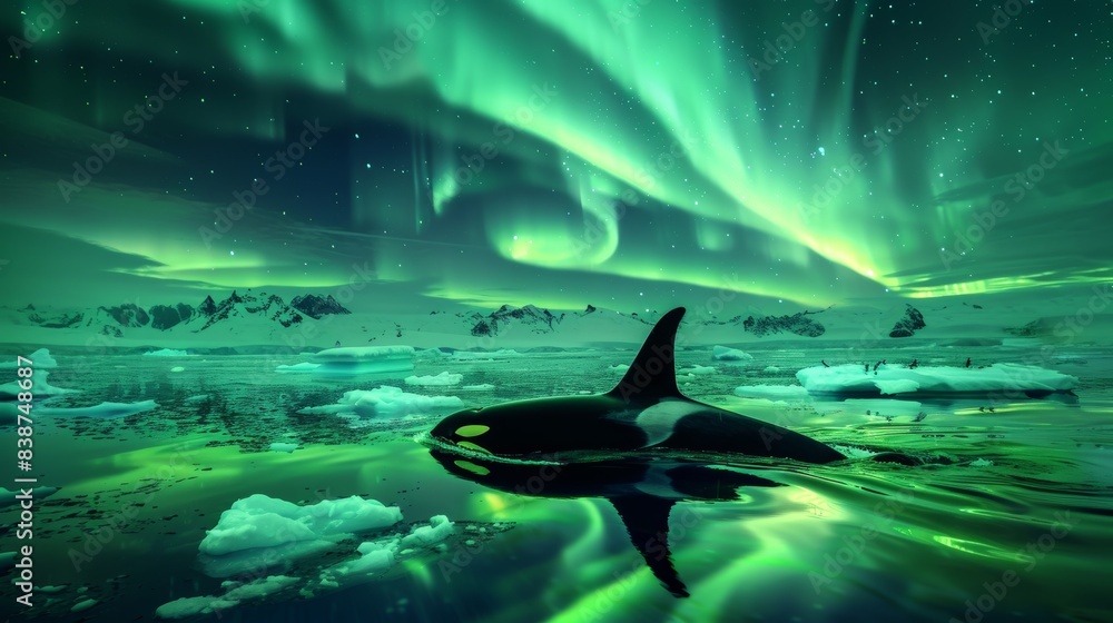 A photograph of an orca, majestic and powerful, swimming beneath the ...