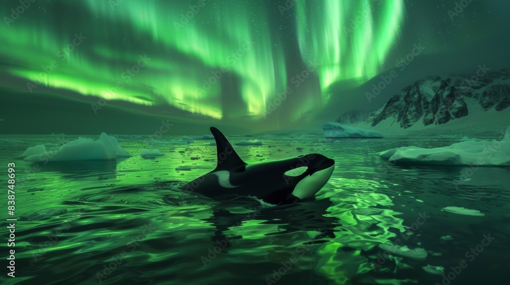 A photograph of an orca, majestic and powerful, swimming beneath the ...