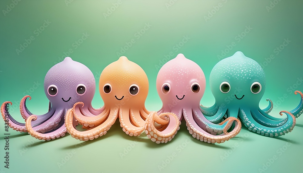 Five adorable cartoon octopuses with big eyes and cheerful smiles line ...