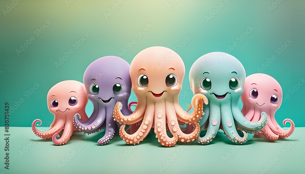 Five adorable cartoon octopuses with big eyes and cheerful smiles line ...