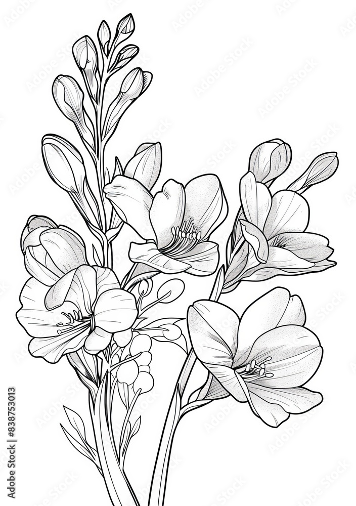 This is a simple and easy coloring page featuring a delicate freesia ...