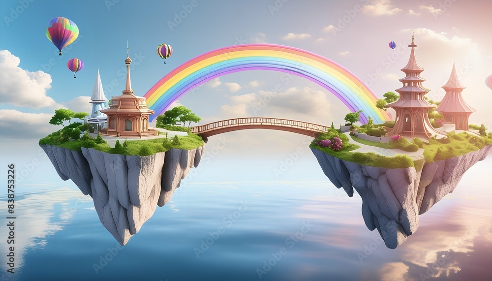 A breathtaking scene of whimsical floating islands connected by a ...