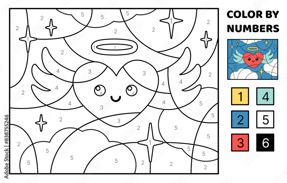 Vetor de Color by number. Heart is flying on the sky. Coloring page ...