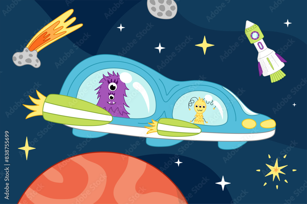 Blue spacecraft with two space monsters in space. Childish space ...