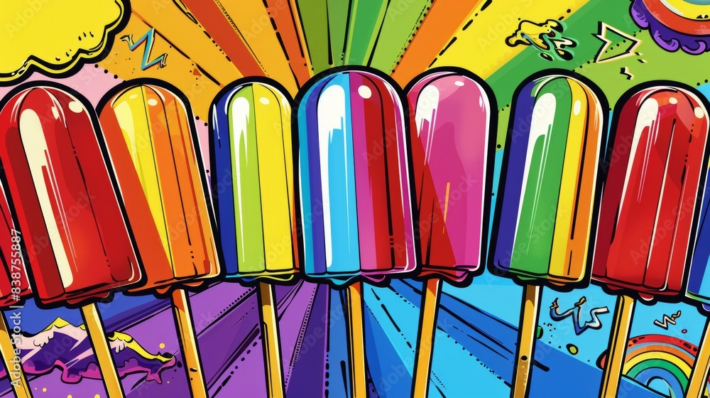 A pop-art-style illustration of rainbow-colored candy pops, with bold ...