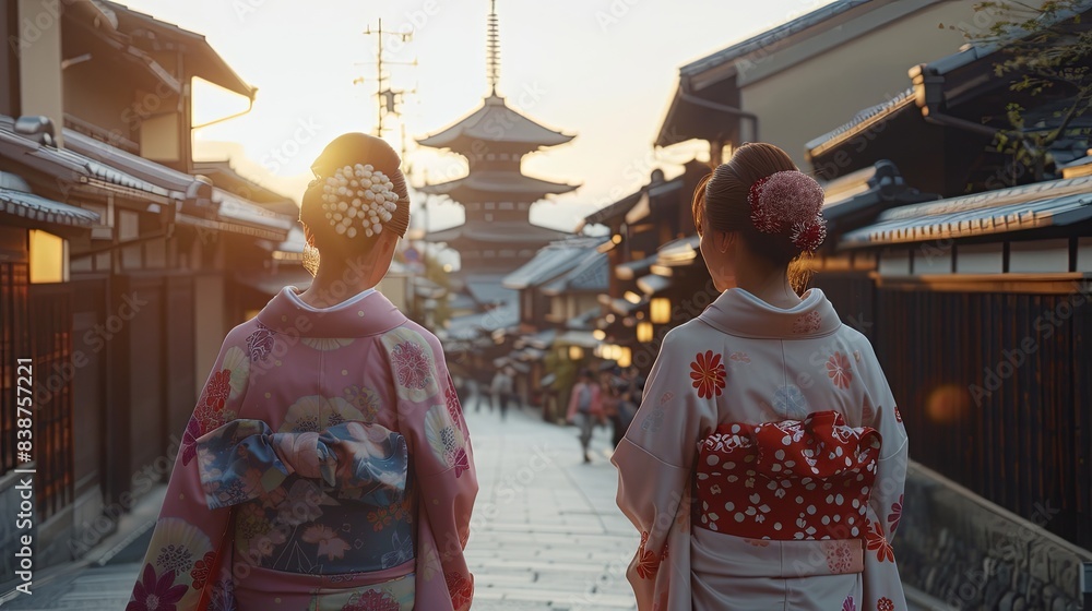 Young women wearing traditional Japanese Kimono at Yasaka Pagoda and ...