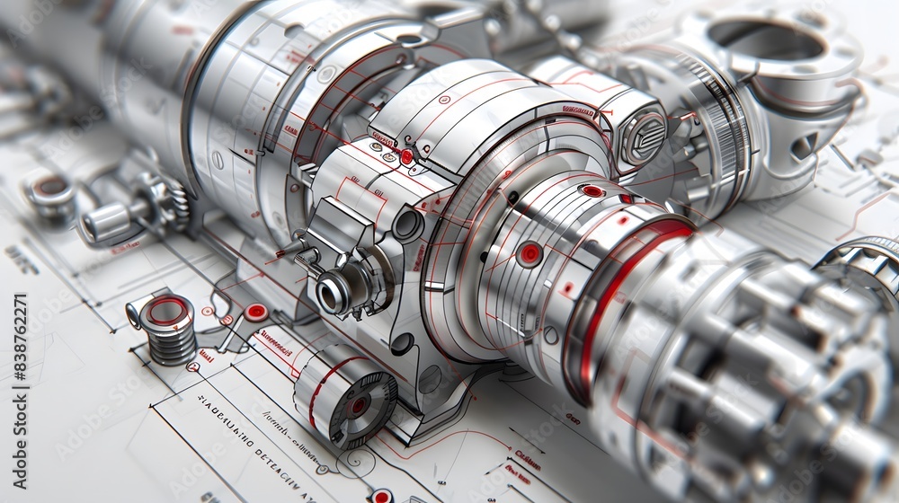 a close-up view of a detailed mechanical component, with annotations ...