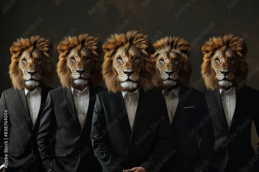 The coordinated presence of lion-headed characters dressed in formal ...