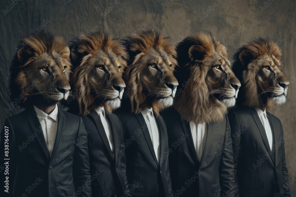 The coordinated presence of lion-headed characters dressed in formal ...