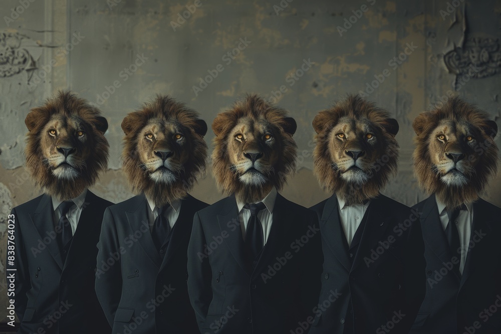 The coordinated presence of lion-headed characters dressed in formal ...