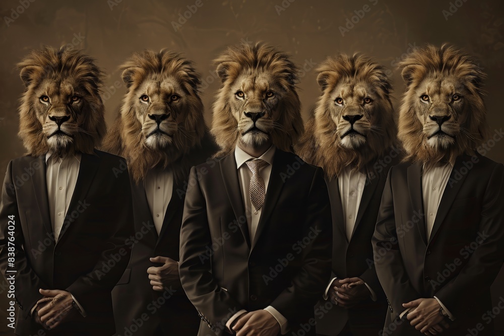 The coordinated presence of lion-headed characters dressed in formal ...