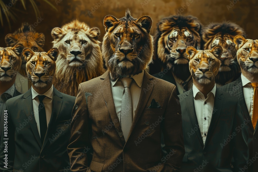 The coordinated presence of lion-headed characters dressed in formal ...