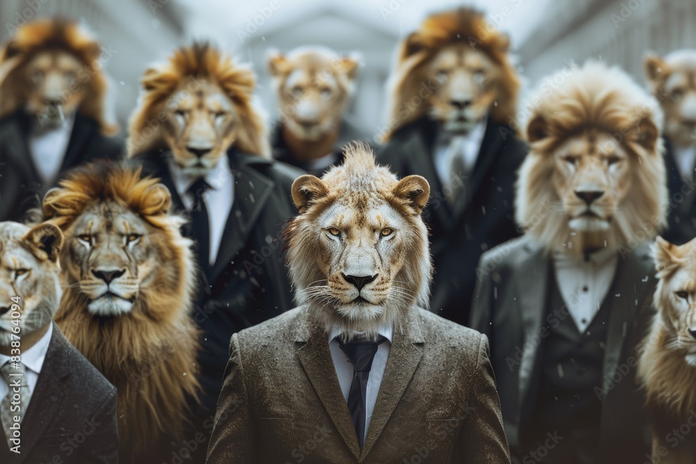 The coordinated presence of lion-headed characters dressed in formal ...