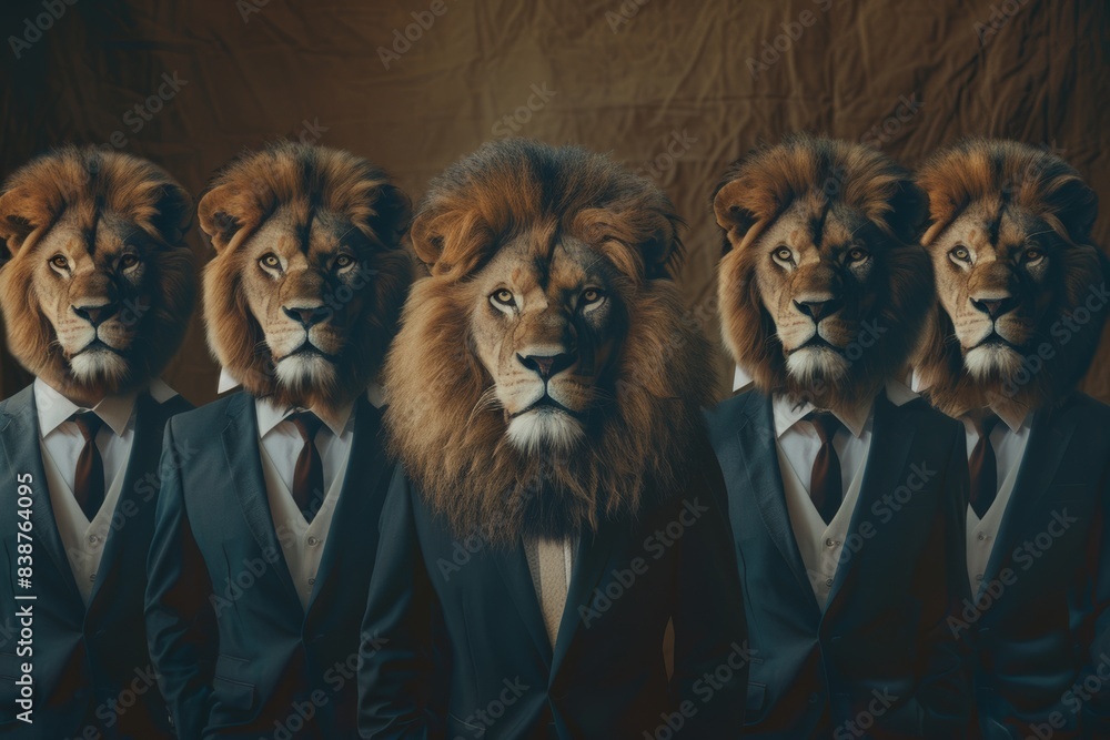 The coordinated presence of lion-headed characters dressed in formal ...