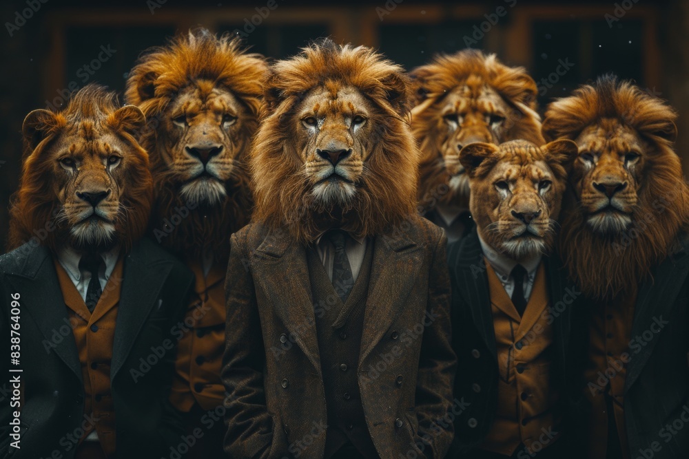 The coordinated presence of lion-headed characters dressed in formal ...