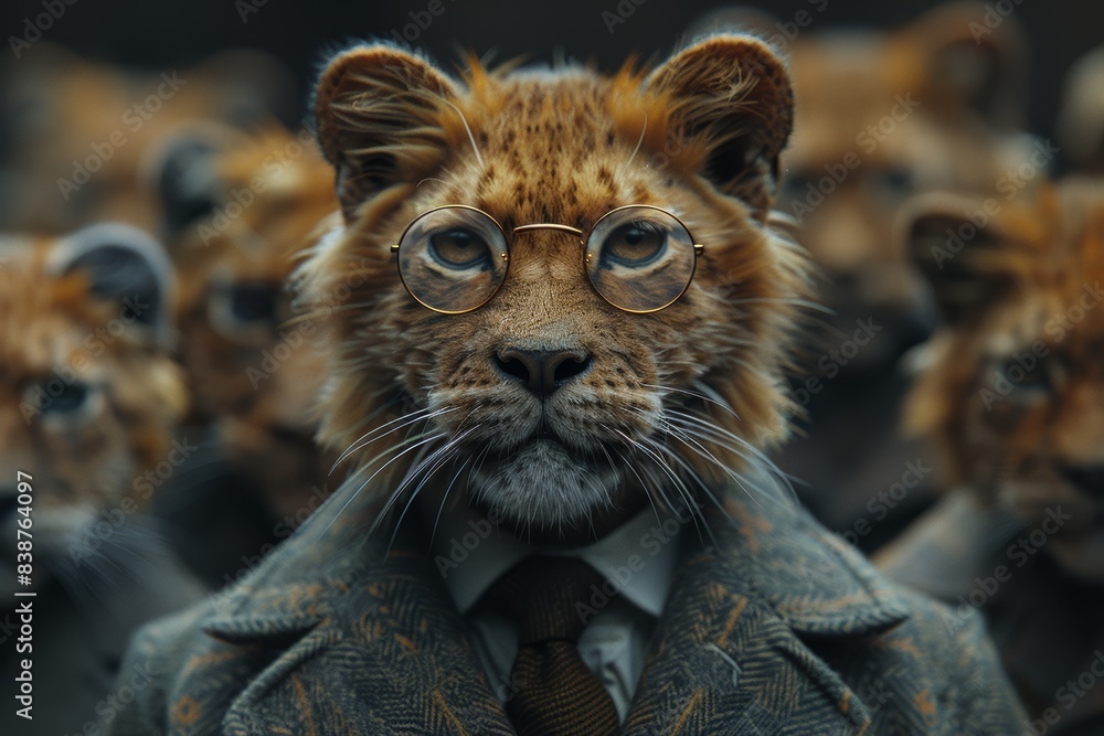 The coordinated presence of lion-headed characters dressed in formal ...