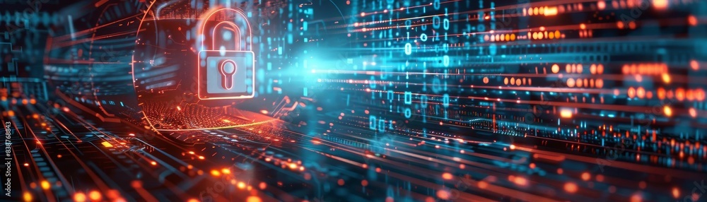 Data encryption process visualized with a glowing lock, binary code ...