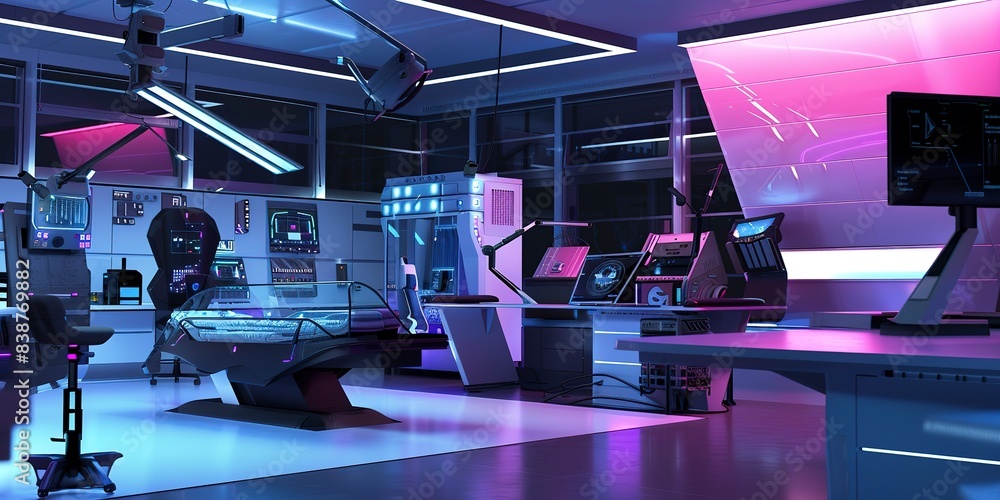 High-tech training facility, virtual reality stations, futuristic, neon ...