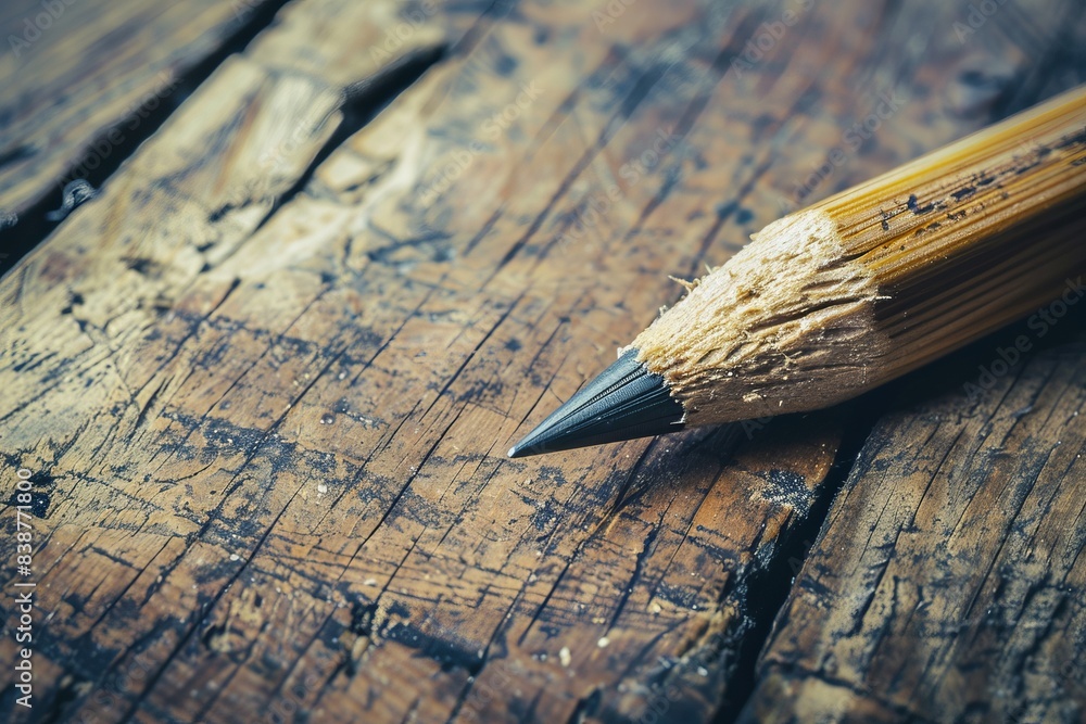 Vintage wooden pencil with a sharpened tip on a rustic table, front ...
