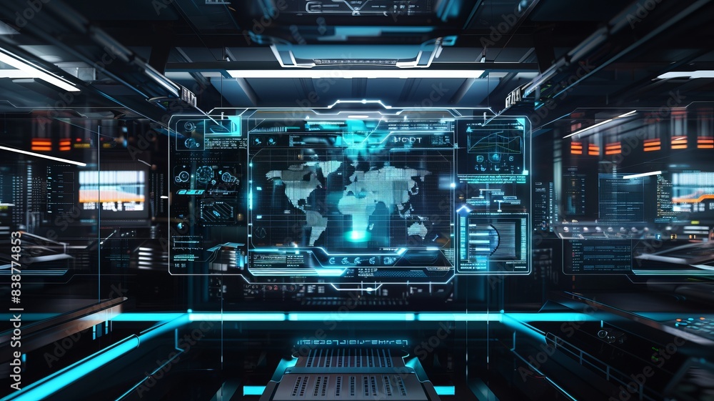 Transparent holographic screen in a scifi control room, front view ...