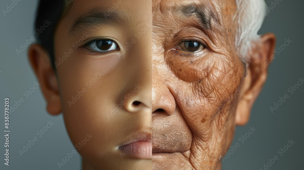 ภาพประกอบสต็อก The face is divided into two halves - half of an Asian ...