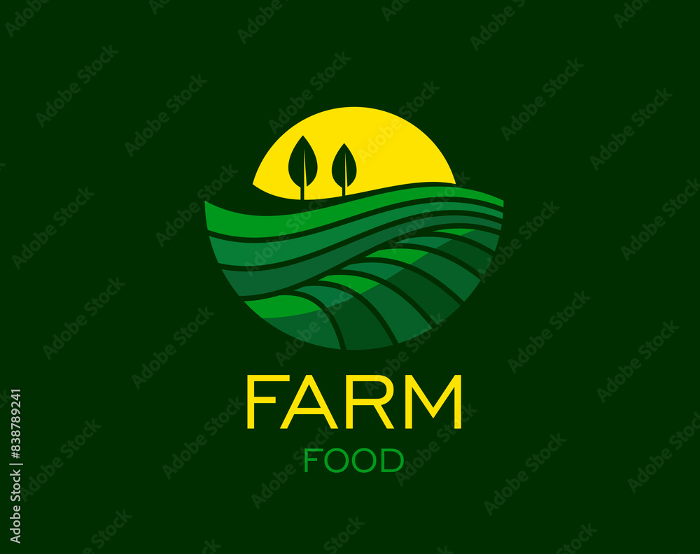 Agriculture farm field icon with rural landscape and sun for organic ...