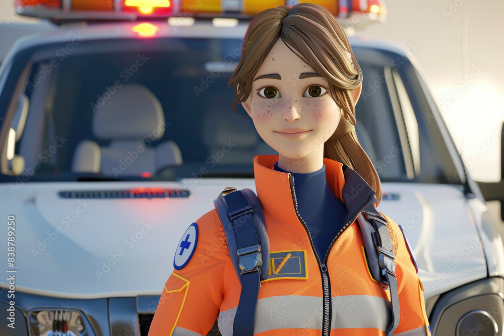 A portrait of a 3d cute cartoon attractive female paramedic standing in ...