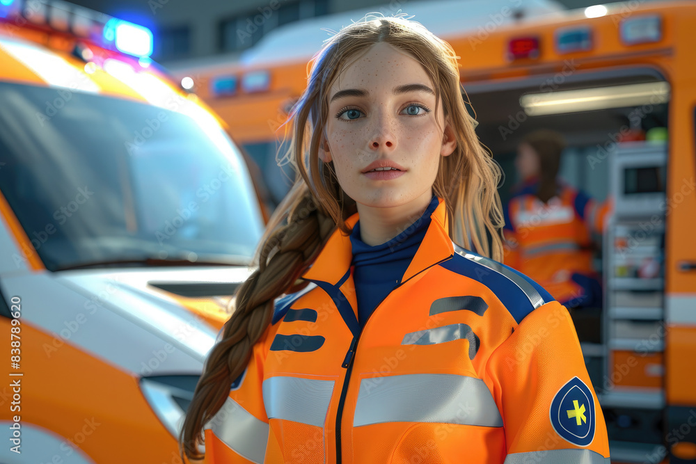 A portrait of a 3d cute cartoon attractive female paramedic standing in ...
