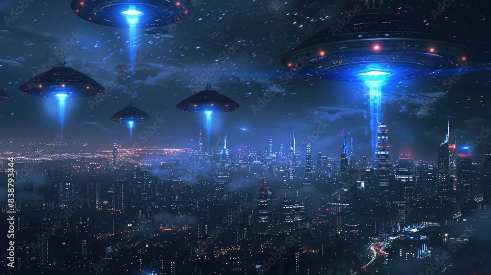 UFO Armada over downtown. Giant alien spaceships over the city. UFO ...
