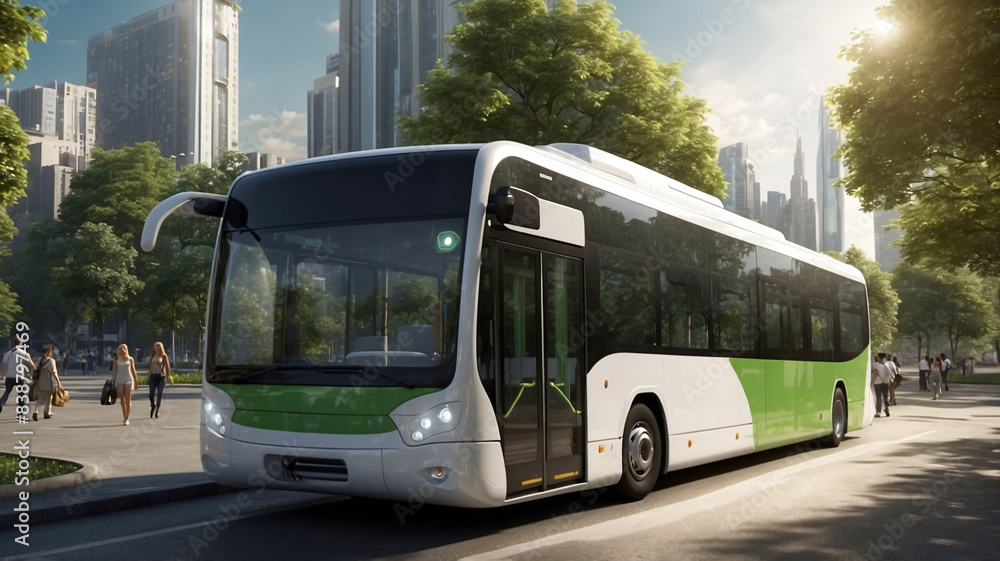 Electric modern green bus driving in green city downtown with trees ...