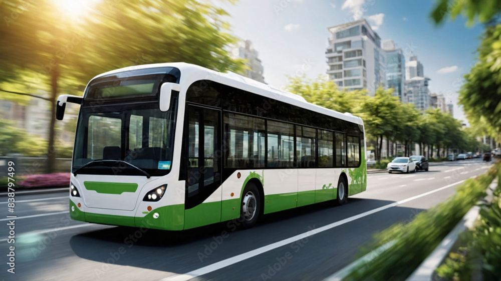 Electric modern green bus driving in green city downtown with trees ...