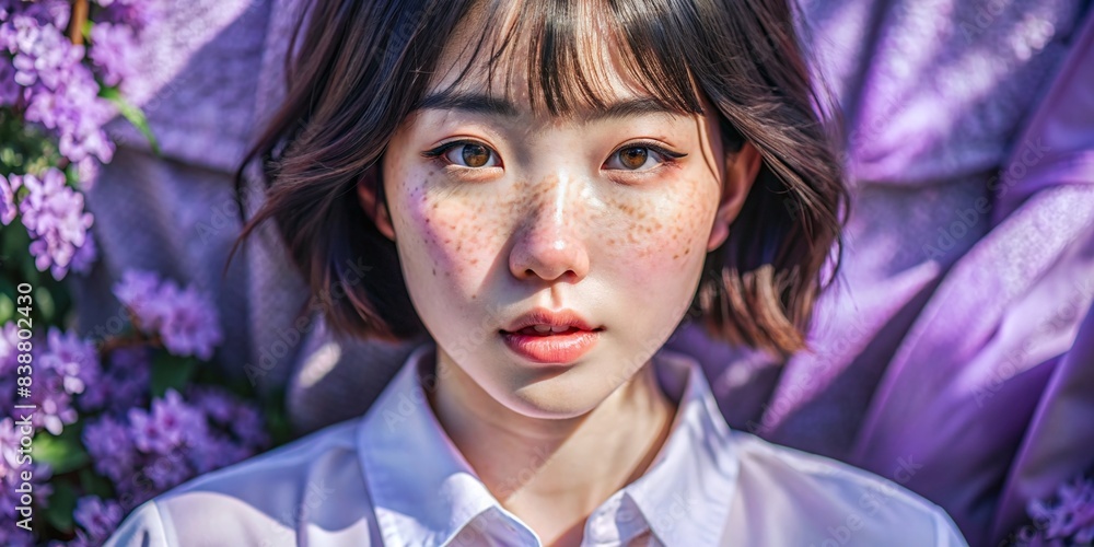 Young pretty Japanese woman with freckles sensual look expressive ...