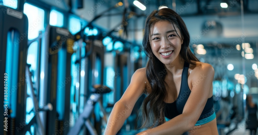 Engaged in weight training, an Asian girl works on building muscle ...