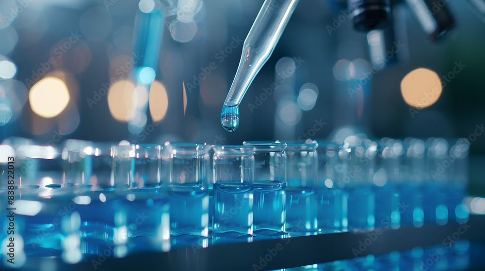 Close up, A lab pipette filled with a blue chemical solution, with a ...