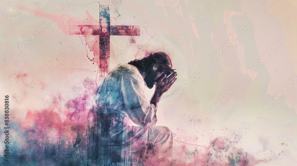 A watercolor depiction of Jesus kneeling in prayer, his head bowed in ...
