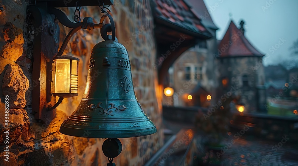 Enchanted school bell that chimes itself, castle tower, side view ...