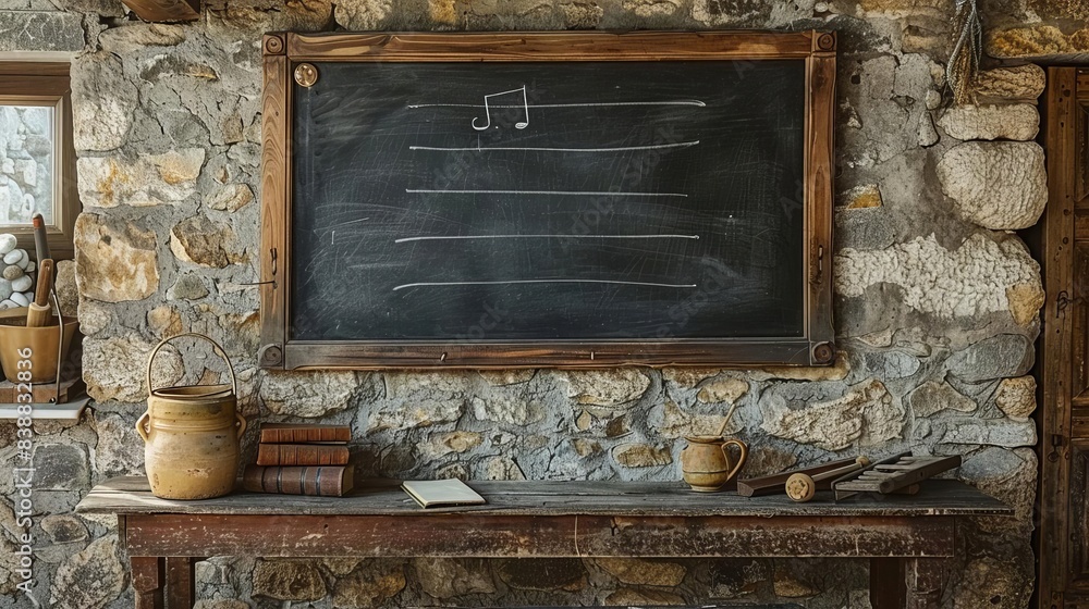 Enchanted blackboard writing itself, old stone classroom, front view ...